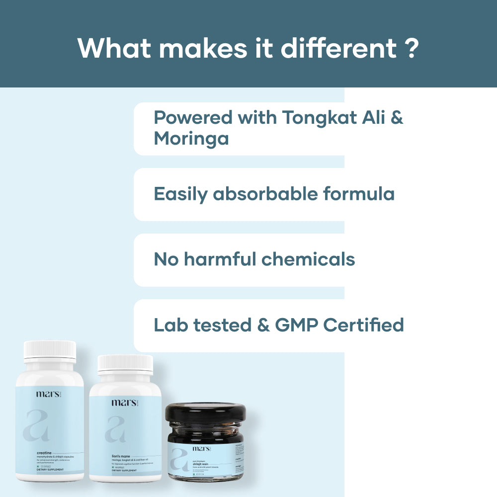 Mars Strength & Stamina Combo: Lion's Mane Caps, Pure Himalayan Shilaj ...
